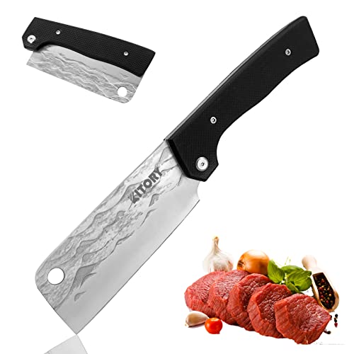 Kitory Folding Cleaver, Pocket Folding Chef Knife with Forged HC Steel Blade, Folding kitchen knife with G10 Handle Camping BBQ trip Outdoor Portable kitchen knife.