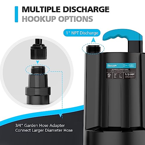 BOMGIE 1/3 HP Automatic Water Pump, 2250GPH Submersible Utility Pump with 3/4” Garden Hose Check Valve Adapter Portable Electric Sump Pump Removal for Pool Draining Basement Hot Tubs Garden UTL-336PE