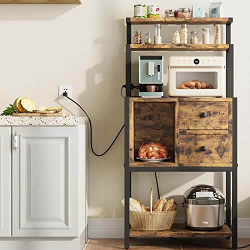 Amyove Bakers Rack with Power Outlet Kitchen Microwave Stand with 2 Drawer, Rustic Brown