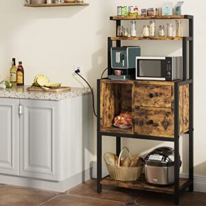 Amyove Bakers Rack with Power Outlet Kitchen Microwave Stand with 2 Drawer, Rustic Brown