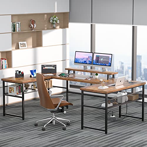 Unikito U Shaped Office Desk with Power Outlet and LED Strip, Reversible L Shaped Computer Desk with Monitor Stand & Storage Shelves, U- Shape Gaming Table, 83 Inch 2 Person Corner Desk, Rustic Brown