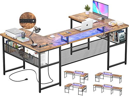 Unikito U Shaped Office Desk with Power Outlet and LED Strip, Reversible L Shaped Computer Desk with Monitor Stand & Storage Shelves, U- Shape Gaming Table, 83 Inch 2 Person Corner Desk, Rustic Brown