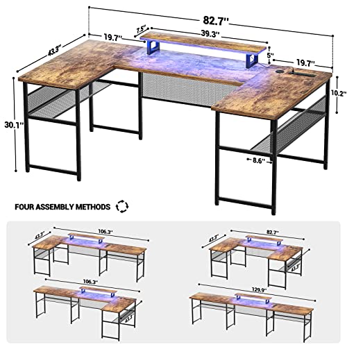 Unikito U Shaped Office Desk with Power Outlet and LED Strip, Reversible L Shaped Computer Desk with Monitor Stand & Storage Shelves, U- Shape Gaming Table, 83 Inch 2 Person Corner Desk, Rustic Brown