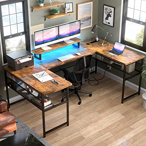 Unikito U Shaped Office Desk with Power Outlet and LED Strip, Reversible L Shaped Computer Desk with Monitor Stand & Storage Shelves, U- Shape Gaming Table, 83 Inch 2 Person Corner Desk, Rustic Brown