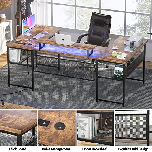 Unikito U Shaped Office Desk with Power Outlet and LED Strip, Reversible L Shaped Computer Desk with Monitor Stand & Storage Shelves, U- Shape Gaming Table, 83 Inch 2 Person Corner Desk, Rustic Brown