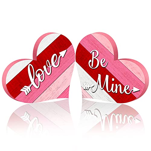 2 Pieces Valentine's Day Wooden Table Sign, Rustic Heart Shape Wood Love Sign Decor, Be Mine Romantic Home Centerpiece Freestanding Table Decoration for Home Wedding Anniversary Party Large Size