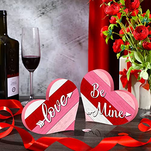 2 Pieces Valentine's Day Wooden Table Sign, Rustic Heart Shape Wood Love Sign Decor, Be Mine Romantic Home Centerpiece Freestanding Table Decoration for Home Wedding Anniversary Party Large Size