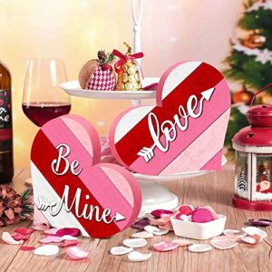 2 Pieces Valentine's Day Wooden Table Sign, Rustic Heart Shape Wood Love Sign Decor, Be Mine Romantic Home Centerpiece Freestanding Table Decoration for Home Wedding Anniversary Party Large Size