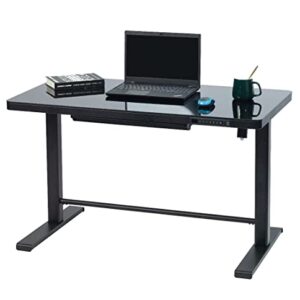 Lanxicat 46x24 Glass Electric Standing Home Office Desks Stand Up Desk Adjustable Height Desk with USB/Wireless Charging/Power Strip with Drawers (1Tempered Glass Top, Black Frame, 46x24)