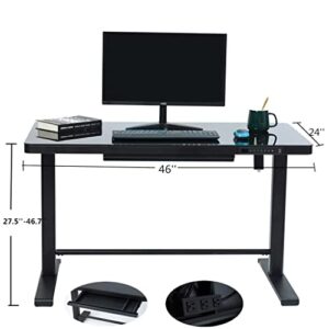 Lanxicat 46x24 Glass Electric Standing Home Office Desks Stand Up Desk Adjustable Height Desk with USB/Wireless Charging/Power Strip with Drawers (1Tempered Glass Top, Black Frame, 46x24)