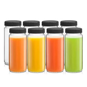 joyjolt glass juice bottles, 16 oz glass bottles with caps. set of 8 juice containers with lids for fridge, and labels for juice jars. glasses for juice, cold brew bottles, smoothie jars