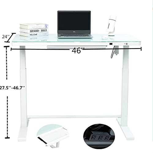 Lanxicat 46x24 Glass Electric Standing Home Office Desks Stand Up Desk Adjustable Height Desk with USB/Wireless Charging/Power Strip with Drawers (2Tempered Glass Top, White Frame, 46x24)