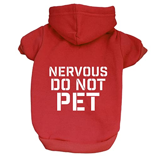 Nervous Do Not Pet Pullover Fleece Lined Dog Hoodie with Leash Hole (Red Hooded Sweatshirt)