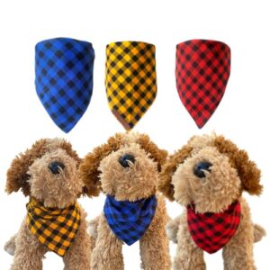 tpc buffalo small plaid dog bandana| 3 count |double fabric, cute bandanas for dogs in red,blue and yellow plaid designs. (small)