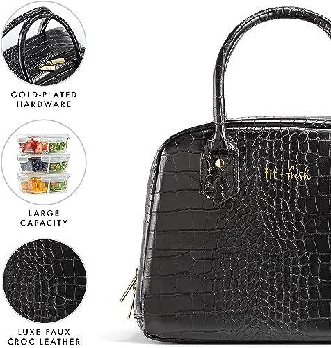 Fit & Fresh Faux CROC Adult Insulated Lunch Bag with Carry Handles, Complete Lunch Kit Includes Travel Flatwear Set, Black Large