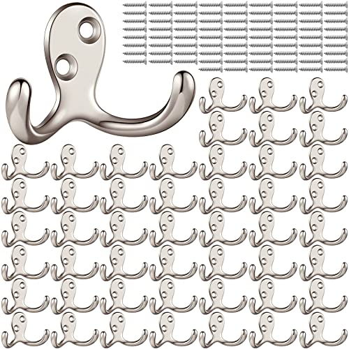 40 Pcs Heavy Duty Double Prong Coat Hooks Wall Mounted with 80 Screws Metal Retro Double Hook Utility Hook Rustproof Hardware Wall Hook for Coats, Scarves, Bags, Key, Towel, Hats, Mugs (Silvery)