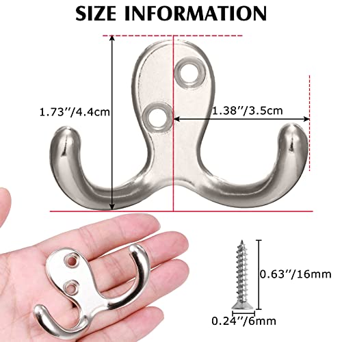 40 Pcs Heavy Duty Double Prong Coat Hooks Wall Mounted with 80 Screws Metal Retro Double Hook Utility Hook Rustproof Hardware Wall Hook for Coats, Scarves, Bags, Key, Towel, Hats, Mugs (Silvery)