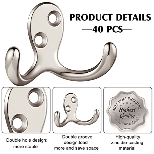 40 Pcs Heavy Duty Double Prong Coat Hooks Wall Mounted with 80 Screws Metal Retro Double Hook Utility Hook Rustproof Hardware Wall Hook for Coats, Scarves, Bags, Key, Towel, Hats, Mugs (Silvery)