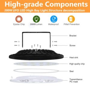 LED High Bay Light, 200W 20000LM Super Bright UFO High Bay LED Lights, 6500K LED Shop Lights, IP54 Warehouse Lights Area Light Fixture Commercial Bay Lighting Bay Lights for Garage Barn Workshop-10