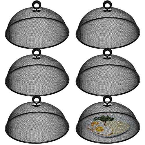 6 Pcs Metal Mesh Food Cover 11 Inch Outdoor Mesh Food Tents Dome Screen Plate Covers for Dinner Plates Reusable Fruit Fly Nets Picnic Food Umbrella for Table, BBQ, Camping, Outside Parties (Black)