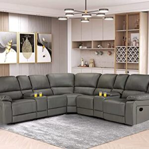 EMKK Home Power Modern Upholstered L-Shape Sectional Sofa Reclining,PU Leather Extra Wide Lounge Couch with Consoles,2 Cup Holders and Storage,Fabric Sofá for Living Room Apartment, a-Brown