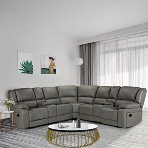 EMKK Home Power Modern Upholstered L-Shape Sectional Sofa Reclining,PU Leather Extra Wide Lounge Couch with Consoles,2 Cup Holders and Storage,Fabric Sofá for Living Room Apartment, a-Brown