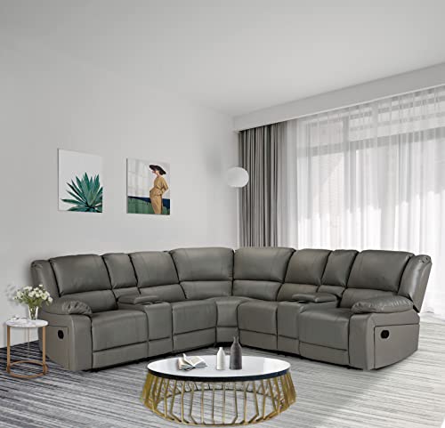 EMKK Home Power Modern Upholstered L-Shape Sectional Sofa Reclining,PU Leather Extra Wide Lounge Couch with Consoles,2 Cup Holders and Storage,Fabric Sofá for Living Room Apartment, a-Brown