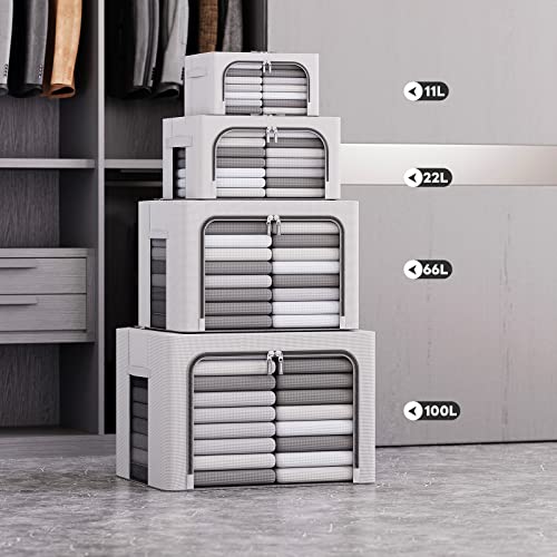 2 Pack Frame Storage Box - Stackable Oxford Fabric Clothes Oranganizer with Large Window and Carry Handle, Foldable Large Capacity Container Box for Bedding, Books, Blankets, Sweaters(66L, Grey)