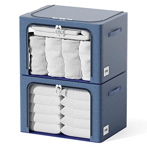 2 Pack Stackable Clothes Frame Storage Box with Large Clear Window and Sturdy Handles Fabric Storage Bins for Organizing Clothes, quilts and Miscellaneous Items (66L, Blue)