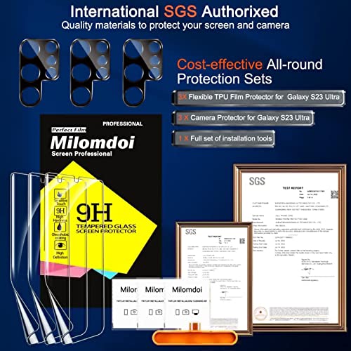 Milomdoi [3+3 Pack] for Samsung Galaxy S23 Ultra Screen Protector [Not Glass] Accessories 3 Pack TPU Film with 3 Pack Tempered Glass Camera Lens screen protector for Samsung S23 Ultra case friendly