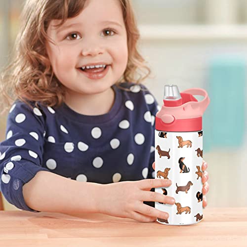 xigua Kids Water Bottles 12oz Cute Dogs Dachshunds Insulated Bottle with Straw Lid Stainless Steel Tumbler Vacuum Cup Thermal Bottles