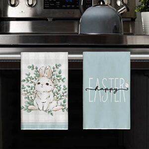 Artoid Mode Buffalo Plaid Bunny Rabbit Eucalyptus Leaves Happy Easter Kitchen Towels Dish Towels, 18x26 Inch Seasonal Spring Decoration Hand Towels Set of 4