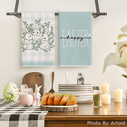 Artoid Mode Buffalo Plaid Bunny Rabbit Eucalyptus Leaves Happy Easter Kitchen Towels Dish Towels, 18x26 Inch Seasonal Spring Decoration Hand Towels Set of 4