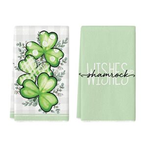 artoid mode buffalo plaid eucalyptus leaves clover shamrock wishes st. patrick's day kitchen towels dish towels, 18x26 inch seasonal decoration hand towels set of 2