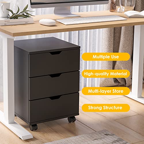 STARY Fully Assembled 3 Drawer Wood Rolling File Cabinet, Black