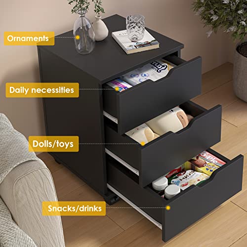 STARY Fully Assembled 3 Drawer Wood Rolling File Cabinet, Black