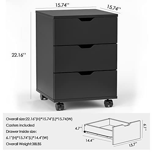 STARY Fully Assembled 3 Drawer Wood Rolling File Cabinet, Black