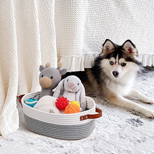 CHICVITA Toliet Paper Basket Towel Storage Basket Dog Toy Basket Small Grey Decorative Basket with Handle for Shelf Storage, 12 x 8 x 5 inches, 2 Pcs