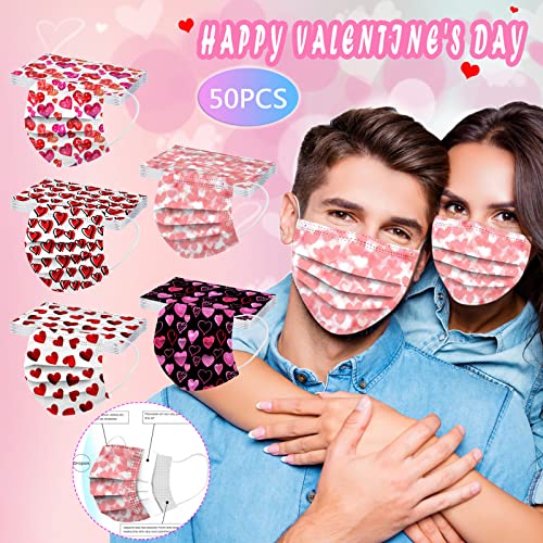 50Pack Holiday Disposable Face_Masks for Women Valentines Day Disposable Women Love Breathable 3 Ply Filter Love Mask