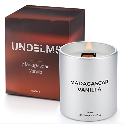 UNDELMS Scented Candle 15oz Madagascar Vanilla Candle Vanilla, Cream, Milk, Caramel Scented Soy Wax Candle, Wood Wicked Luxury Aluminum Jar Candle for Home Scented 85 Hours Burn Aromatherapy Candles