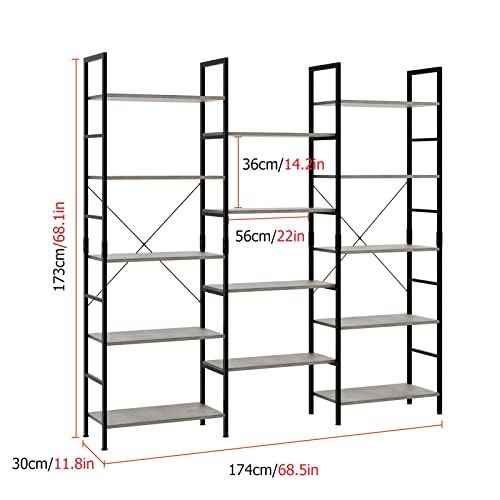 BOTLOG 5-Tier Bookcase, Industrial Bookshelf with Metal Frame, Display Shelf for Living Room Home Office (Grey)