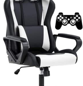 Gaming Chair Office Chair High-Back Ergonomic Video Game Chairs for Kids Teen Adult Height Adjustable Reclining Computer Chair with Lumbar Support Armrest Headrest Game Chair - White