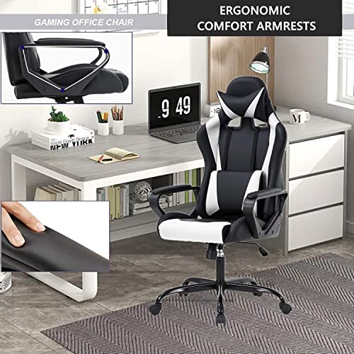 Gaming Chair Office Chair High-Back Ergonomic Video Game Chairs for Kids Teen Adult Height Adjustable Reclining Computer Chair with Lumbar Support Armrest Headrest Game Chair - White