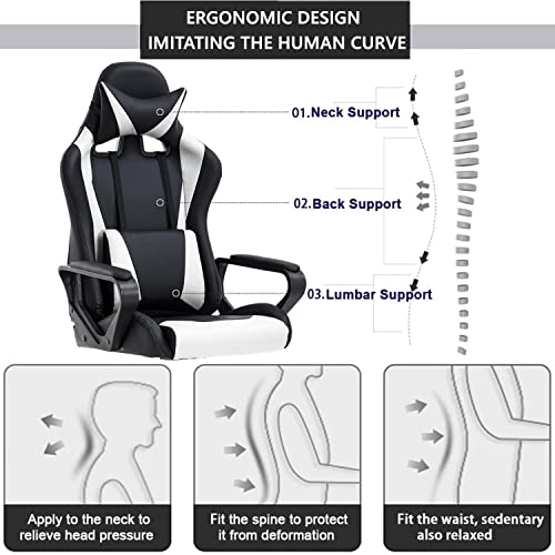 Gaming Chair Office Chair High-Back Ergonomic Video Game Chairs for Kids Teen Adult Height Adjustable Reclining Computer Chair with Lumbar Support Armrest Headrest Game Chair - White