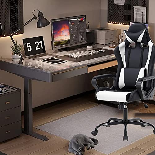 Gaming Chair Office Chair High-Back Ergonomic Video Game Chairs for Kids Teen Adult Height Adjustable Reclining Computer Chair with Lumbar Support Armrest Headrest Game Chair - White