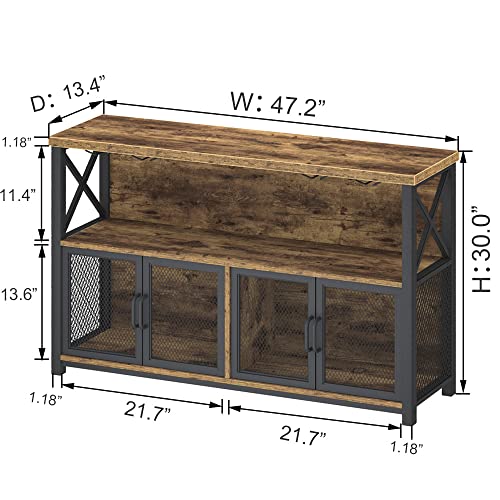 LVB Industrial Coffee Bar Cabinet, Farmhouse Wine Bar Cabinet for Liquor and Glasses, Metal Wood Sideboard Buffet Liquor Cabinet and Wine Rack with Storage for Home Dining Kitchen, Rustic Brown, 47 In