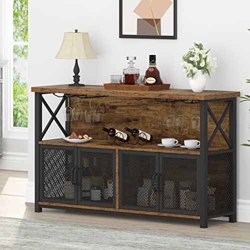 LVB Industrial Coffee Bar Cabinet, Farmhouse Wine Bar Cabinet for Liquor and Glasses, Metal Wood Sideboard Buffet Liquor Cabinet and Wine Rack with Storage for Home Dining Kitchen, Rustic Brown, 47 In