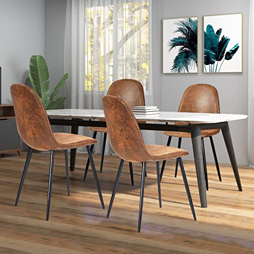 Wonder Comfort Washable PU Cushion Back and Black Metal Legs,Shell Lounge Kitchen Living Room Modern Dining Chairs with Padded Seat (4, Brown, Large)