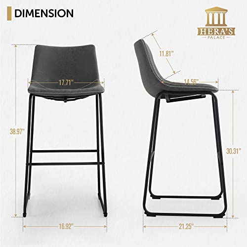 HERA'S PALACE PU Faux Leather Bar Stools Set of 2, 30" Pub Chairs with Back and Footrest, Modern & Stylish, Armless Bar Height Stool Chairs with Metal Legs for Home, Bar, Coffee Shops