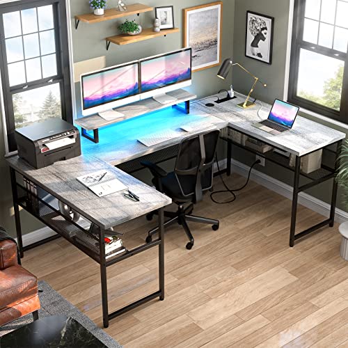 Unikito U Shaped Computer Desk with Power Outlet and LED Strip, Reversible L Shaped Office Desk with Monitor Stand and Bookshelf, Modern U- Shape Corner Desk, 130 Inch 2 Person Gaming Table, White Oak